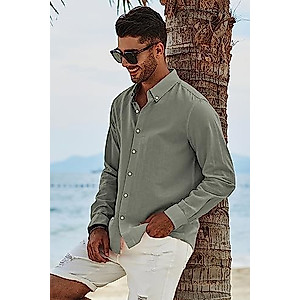 JMIERR Men's Cotton Linen Casual Stylish Button Down Shirt Long Sleeve Lightweight Dress Shirts Fashion Summer Beach Shirts Resort Wear,L,02 Green