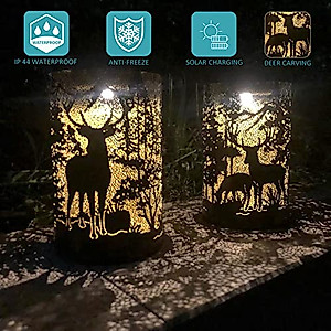 Solar Lanterns Outdoor Waterproof, Solar Hanging Lantern Lights Made of Metal Carved with Deer and Trees. LED Decorative Garden Light for Patio, Table, Pathway, Yard, Landscape