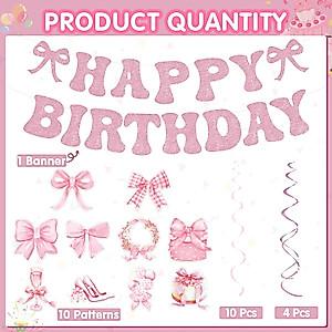 25 Pcs Coquette Birthday Decorations Glitter Happy Birthday Banner Pink Bow Hanging Swirls Pink Bow Birthday Decorations Bow Themed Party Decor for Baby Shower Girls Women Birthday Party Supplies