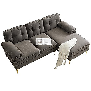 BIADNBZ 83" Velvet Sectional Sofa with Right Chaise, Modern L-Shaped Couch with Armrest for Living Room Bedroom Corner, Brown