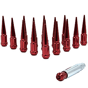 Wheel Accessories Parts Set of 16 ATV/UTV Red Spike Installation Lug Nut Kit | Solid Metal Lug Nuts 12 X 1.5 Thread 3.35" Tall Closed End Bulge Acorn Spiked Lug Nut 1 Long Socket Key (M12x1.50)