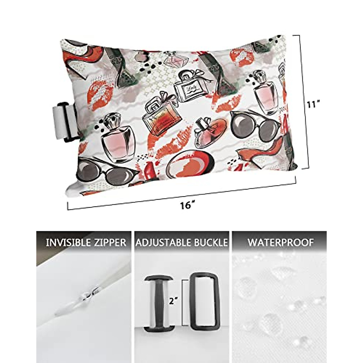 HilariousM Modern Lady Outdoor Pillows for Chaise Lounge Chair, Perfume Lipstick High Heels Waterproof Lumbar Head Support Pillow with Adjustable Elastic Band for Pool Patio Furniture Decorative