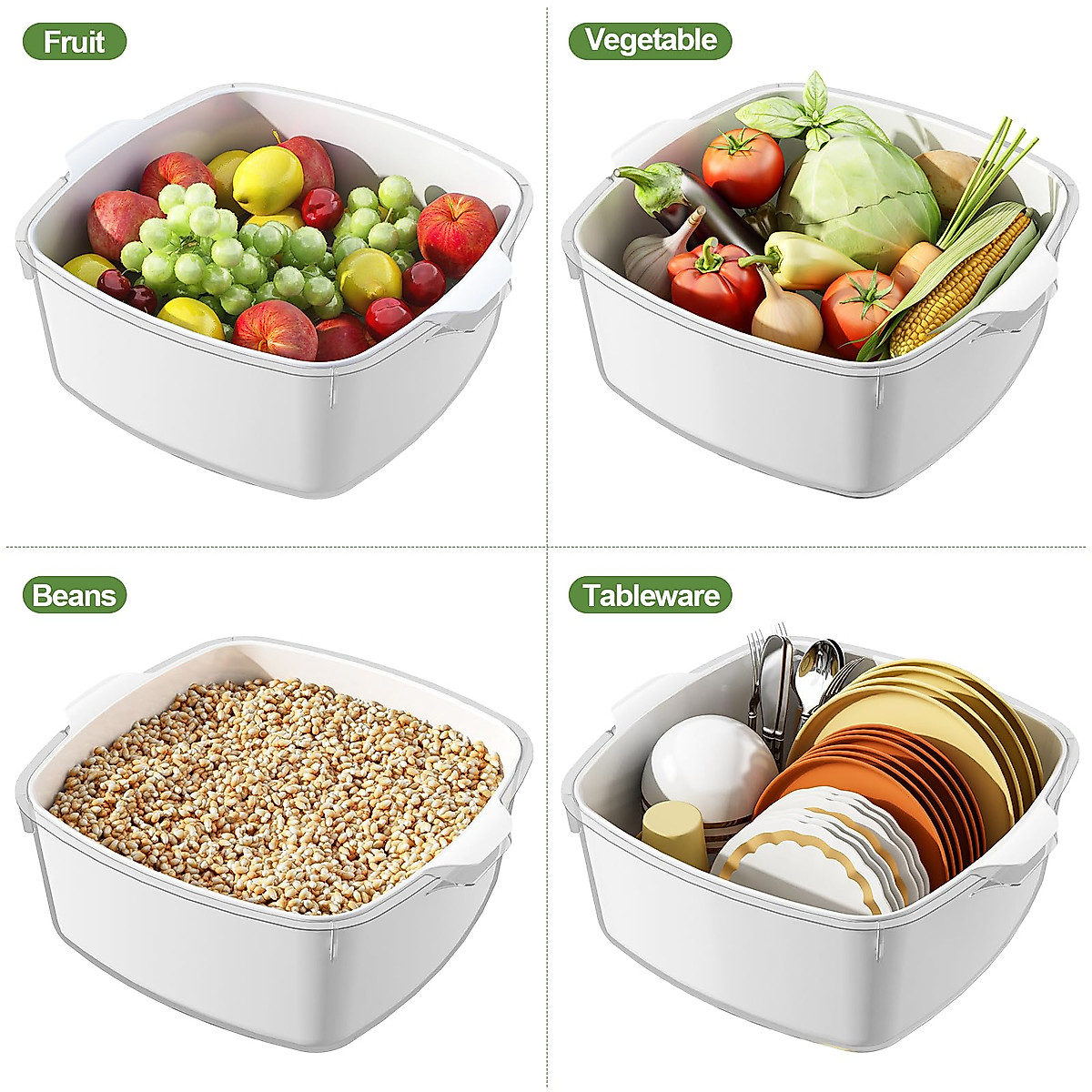 MSHOMELY 6PCS Colander Bowl Kitchen Strainer for Fruit and Vegetable Wash, Food Strainers for Kitchen Plastic Fruit Wash Colander, Strainer and Bowl Set, White-Clear