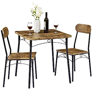 VECELO 3 Piece Dining Set, Metal and Wood Square Kitchen Breakfast Nook, Dinette, Table & Chair for 2, Brown