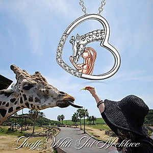 POPKIMI Sterling Silver Giraffe Necklace with Women Giraffe Charm Heart Pendant Jewelry Giraffe Gifts for Women Daughter