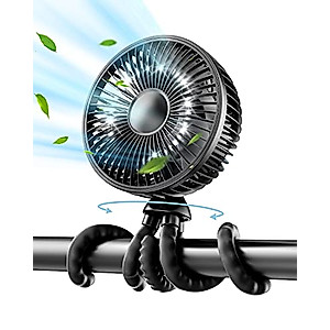 Gaiatop Baby Stroller Fan, 4000mAh Oscillating Mini Portable Fan with Lights, 4 Speeds Battery Operated 360° Rotate Flexible Tripod Small Clip On Fan Handheld Desk Fan for Car Seat Crib Travel Black