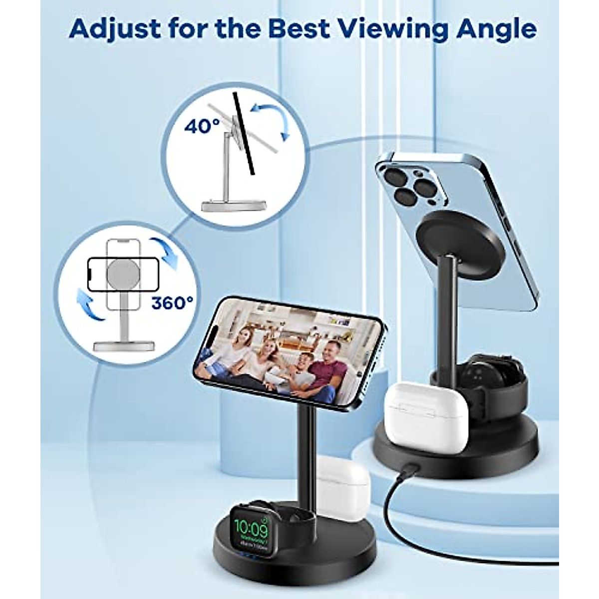 Mag-Safe 3 in 1 Wireless Charging Station, 15W Fast Magnetic Wireless Charger Stand for iPhone 14/13/12Pro/Pro Max/Mini/Plus, Apple Watch Ultra/8/7/6/SE/5/4/3/2, Airpods 3/2/1/Pro with QC3.0 Adapter