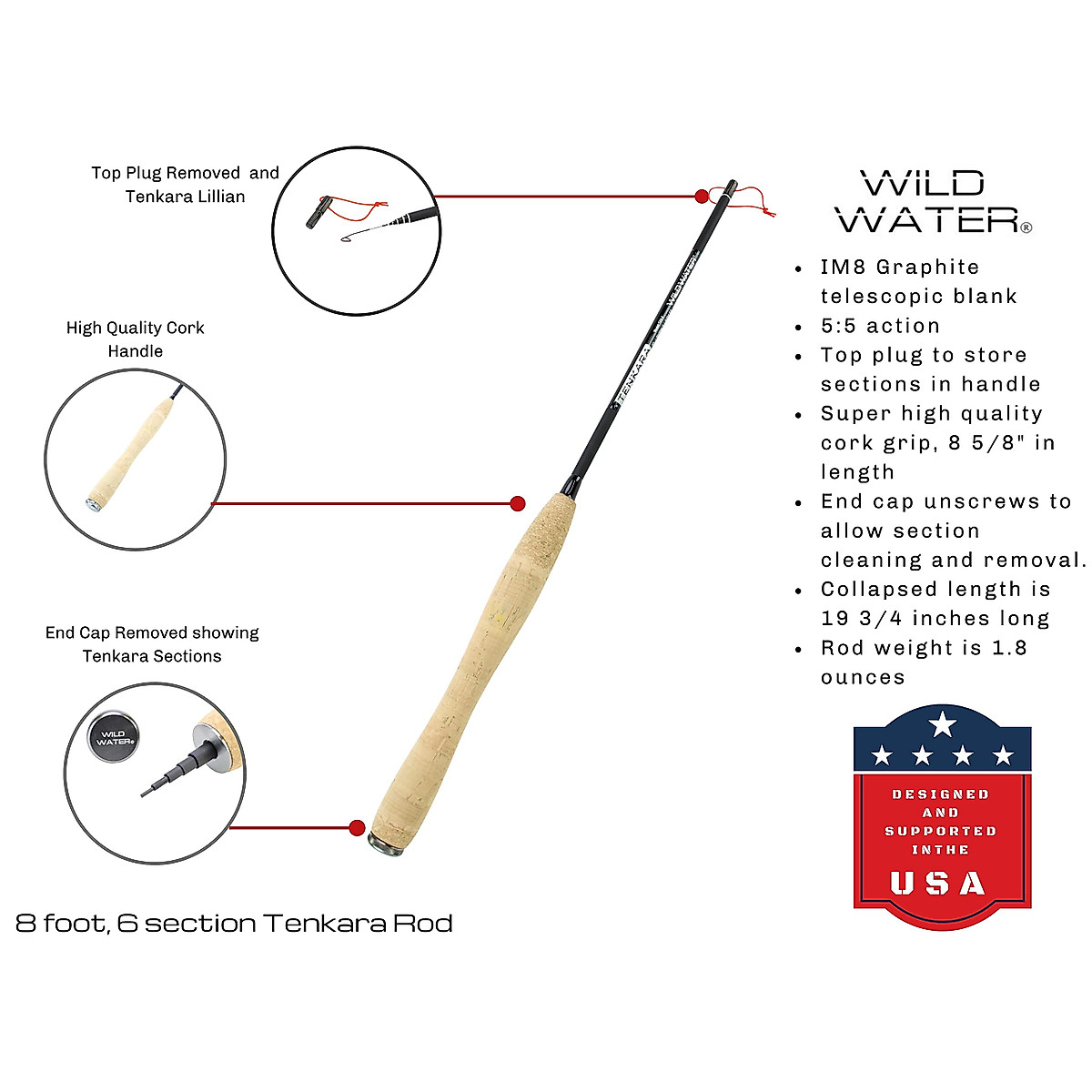 Wild Water Fly Fishing 8' Tenkara Fly Rod Complete Combo Starter Package with Flies