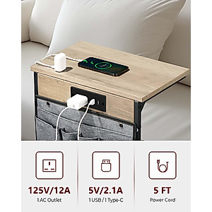 Evermagin C Shaped End Table with Charging Station, Small Side Table for Recliner, Over Couch Table with Outlet and Storage Bag, Slide Under Sofa Tray Table for Living Room, Bedroom, Greige