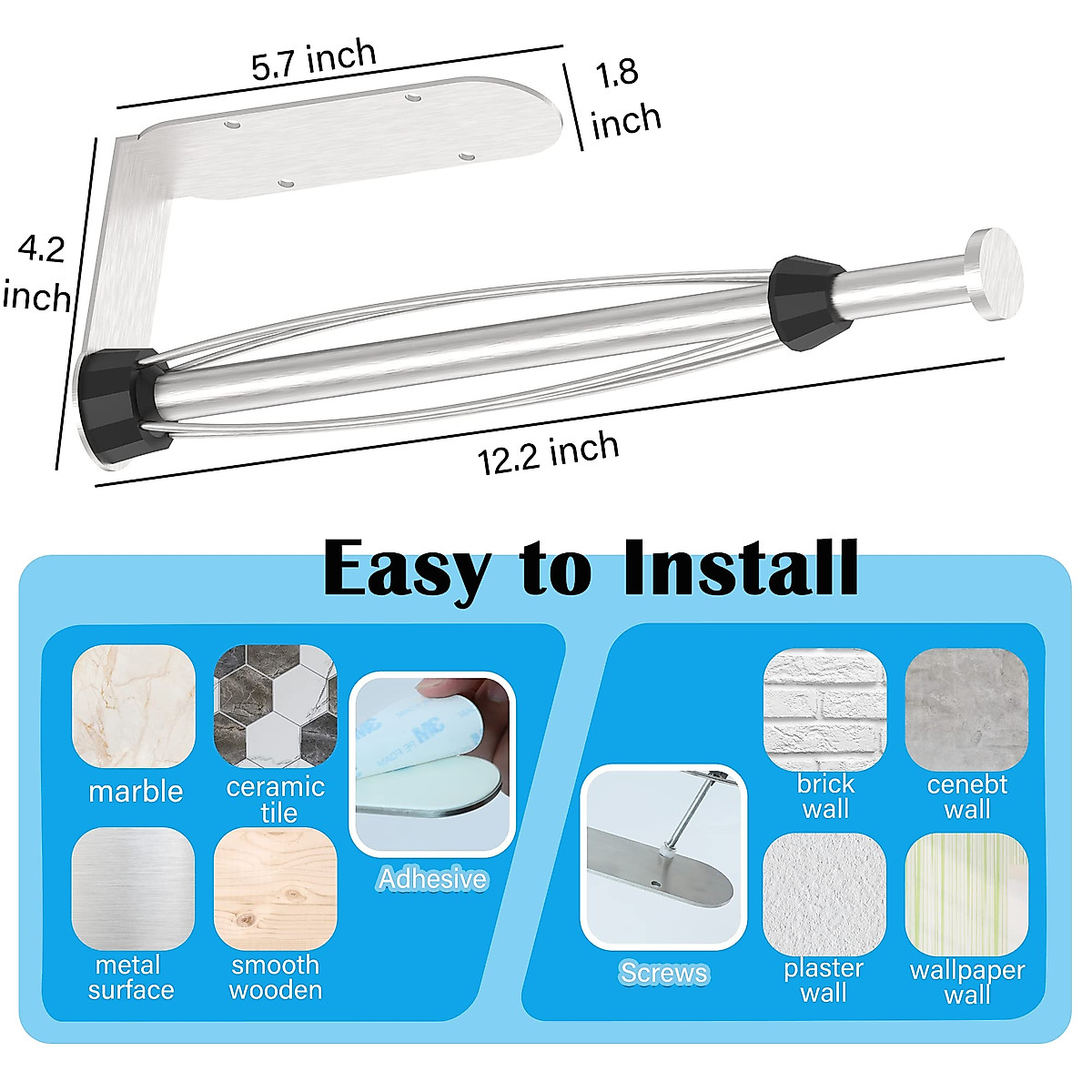 Paper Towel Holder Under Cabinet Brushed Nickel Wall Mount Paper Towel Holder with Damping Single Hand Operable, Under Counter Paper Towel Racks with Self-Adhesive and Screw for Kitchen Bathroom