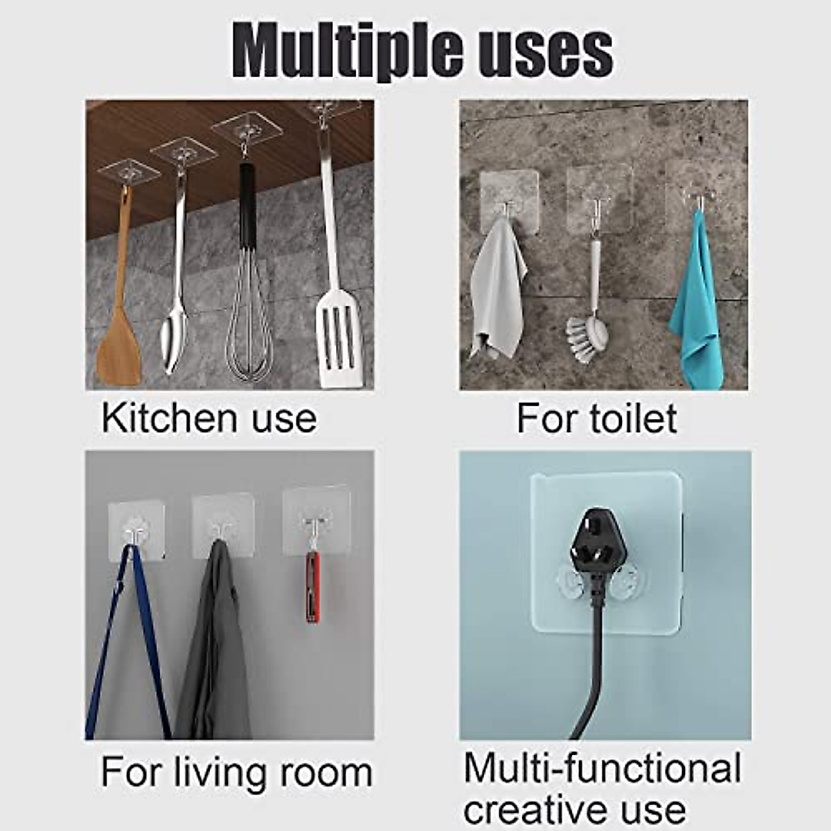 Adhesive Hooks Kitchen Wall Hooks- 20 Packs Heavy Duty 21lb(Max) Nail Free Sticky Hangers with Stainless Hooks Reusable Utility Towel Bath Ceiling Hooks 11111
