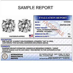 IGI Certified 1/2 Carat TW Round Natural Diamond Stud Earrings set in 14K White Gold |Real Diamond Stud Earrings in Real 14K Gold