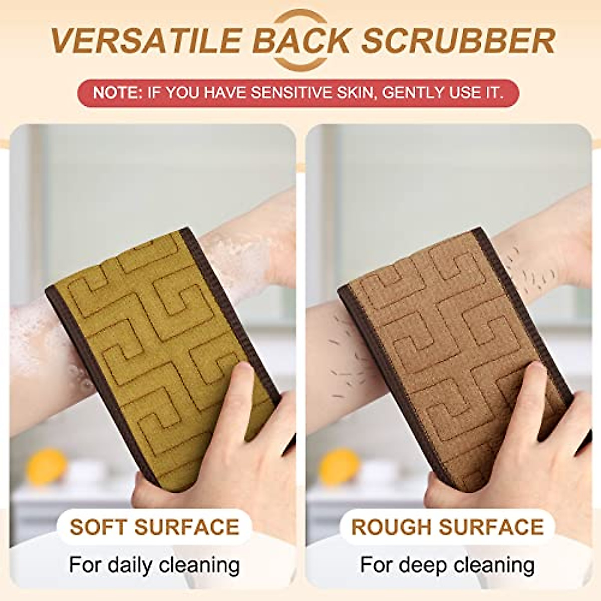 Exfoliating Back Scrubber for Shower, Double-Sided Back Scrub Washcloth with Handles, 38 Inches Body Exfoliator Bath Tool to Clean Your Body Deeply for Men & Women Skin Care (Yellow)