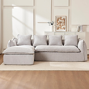 L Shape Modular Sofa Couch, Deep Seat Cloud Couch, No Assembly Required Sofa Set, Crocheting Chenille Fabric, 3-Seater Comfy Cloud Couches for Living Room Apartment Office-Grey