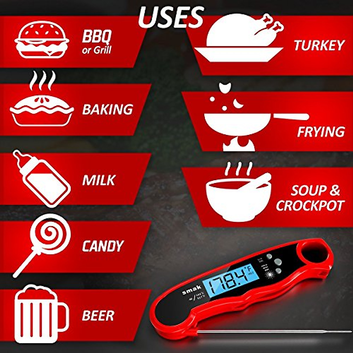 Digital Instant Read Meat Thermometer - Waterproof Kitchen Food Cooking Thermometer with Backlight LCD - Best Super Fast Electric Meat Thermometer Probe for BBQ Grilling Smoker Baking Turkey