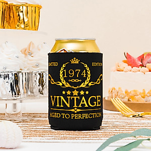 Crisky Vintage 1974 Can Coolers 50th Birthday Beer Sleeve Party Favor 50th Birthday Decoarions Black and Gold, Can Insulated Covers Neoprene Coolers for Soda, Beer, Beverage, 12 pcs