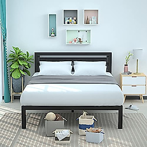 Amazon Basics Metal Bed with Modern Industrial Design Headboard - 14 Inch Height for Under-Bed Storage - Wood Slats - Easy Assemble, Queen, Black