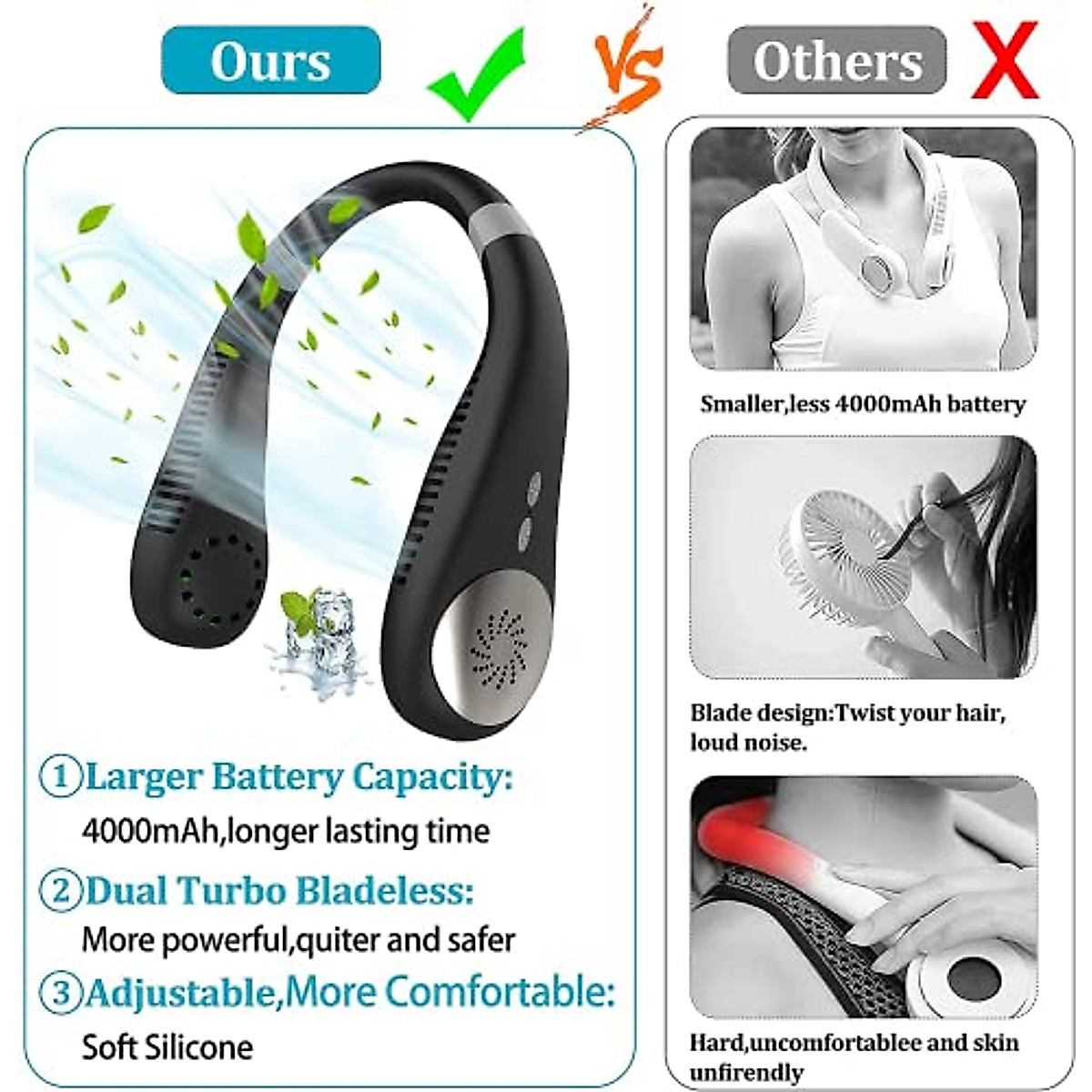 NiUB5 Neck Fans Portable Rechargeable - Personal Fans for Your Neck ,Upgraded Bladeless Cooling Neck Fan