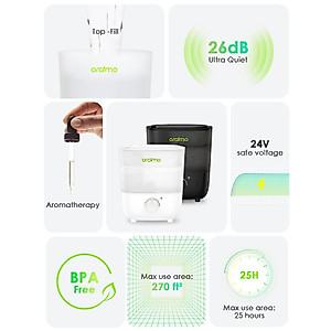 Oraimo Humidifiers for Bedroom, Top Fill Cool Mist Humidifier, 26dB Quiet, Easy to Clean, 2.5L Ultrasonic Humidifier & Essential Oil Diffuser with Night Light, BPA-Free (light white)