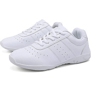 BAXINIER Youth Girls White Cheerleading Dancing Shoes Athletic Training Tennis Walking Breathable Competition Cheer Sneakers - White 2 Little Kid