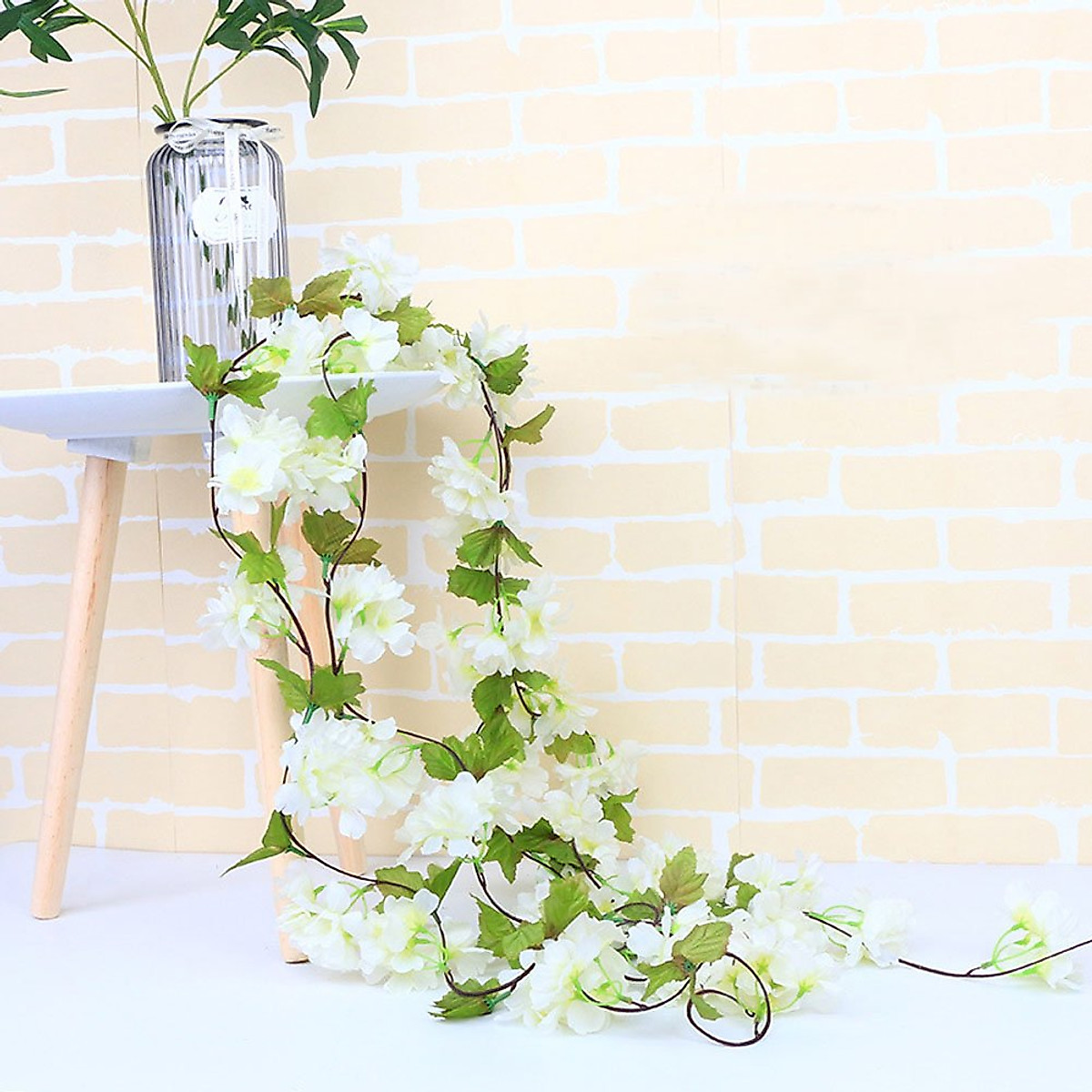 UUPP 2Pcs Artificial Cherry Blossom Flower Garland Silk Fake Hanging Flower Vines for Home Wedding Decoration 7.2FT, White