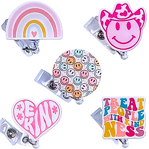5 PC Cute Nurse Badge Reel Retractable Name Tag ID Clip Holder Retro Pink Cowboy Smiley Face Be Kind Heart Rainbow for Nurses Nursing Student RN Pediatric Teacher Funny Office Work Accessories