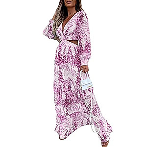 LYANER Women's Print Deep V Neck Puff Long Sleeve Cut Out Side Flowy Long Dress Pink Medium