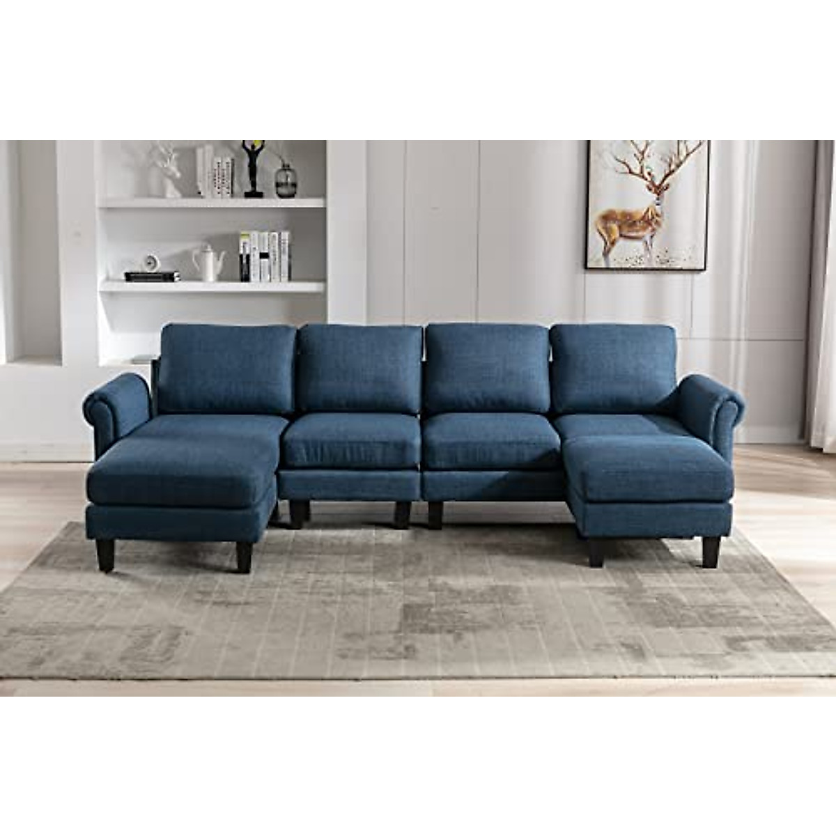 HAUSHECK Modern 4 Seater Sofas, U Shaped Modular Set with Ottomans, Sectional Couches for Living Room, Apartment, 108.66" L x 60.63" W x 32.68" H, Navy
