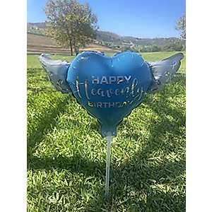 Heavenly Balloons on a stick Happy Heavenly Birthday blue balloon heart shaped with angel wings