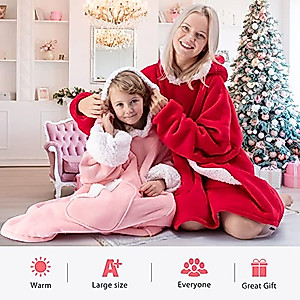 Comore Blanket Hoodie-Oversized Wearable Blanket Sweatshirt Cozy Warm Soft Sherpa with Giant Patch Pockets for Women Kids Men Adults Pink