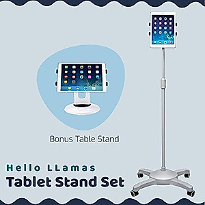Hello LLamas Tablet Stand Holder with Wheels + Table Top Holder for Ipad- Extra Tall - Heavy Duty Multi Angle Adjustable - for School, Meetings, Education, Web Casts, Video Recordings