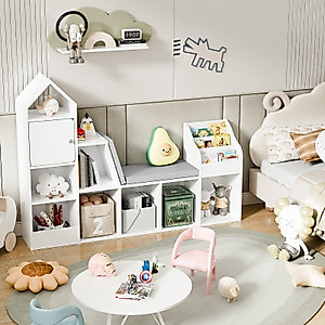 Vabches Kids Reading Nook with Bench - Bookshelf & Bookcase with Seat Cushion, 7 Opening Storage Cubbies, 3-Tier File Organizers, Toy Storage Box & Chest for School, Study, Playroom & Bedroom.
