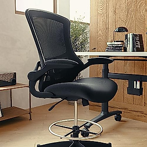 Flash Furniture Kelista Mid-Back Black Mesh Ergonomic Drafting Chair | Adjustable Foot Ring, Flip-Up Arms | Comfort and Productivity
