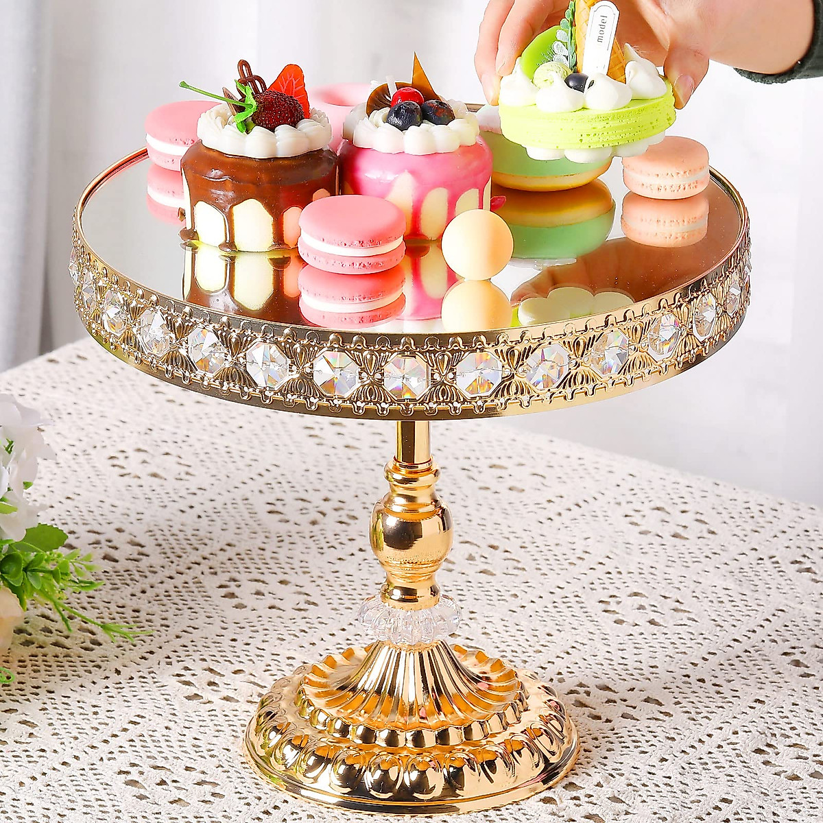 Nuanchu 6 Pcs Wedding Metal Cake Stand Set with Crystal Beaded Mirror Top Cake Display Stand Cupcake Display Plate Crystal Dessert Cheese Stand Cake Holder (Gold)