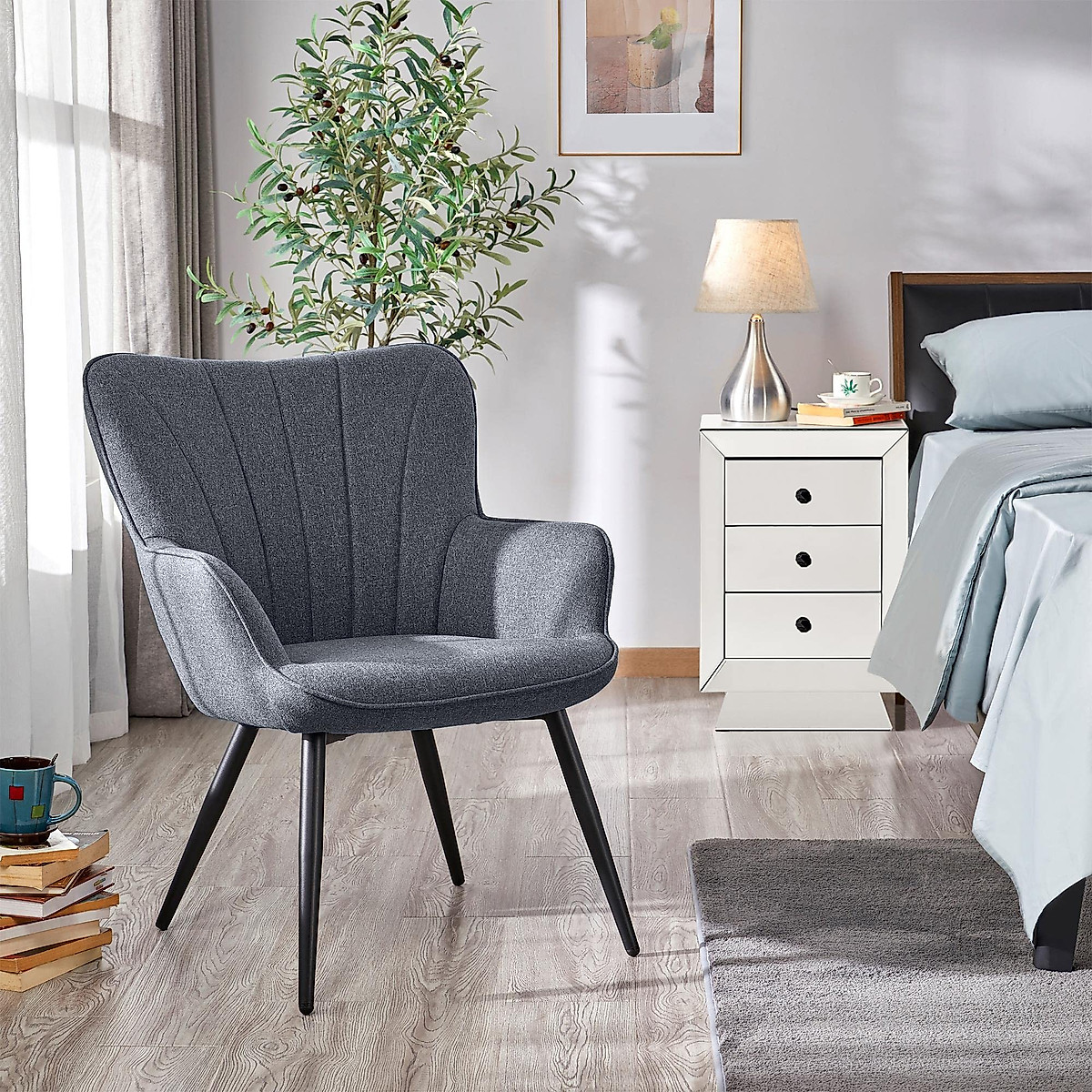 Yaheetech Accent Chair, Modern and Elegant Armchair, Linen Fabric Vanity Chair Living Room Chair with Mental Legs and High Back for Living Room Bedroom Office Waiting Room, Grey