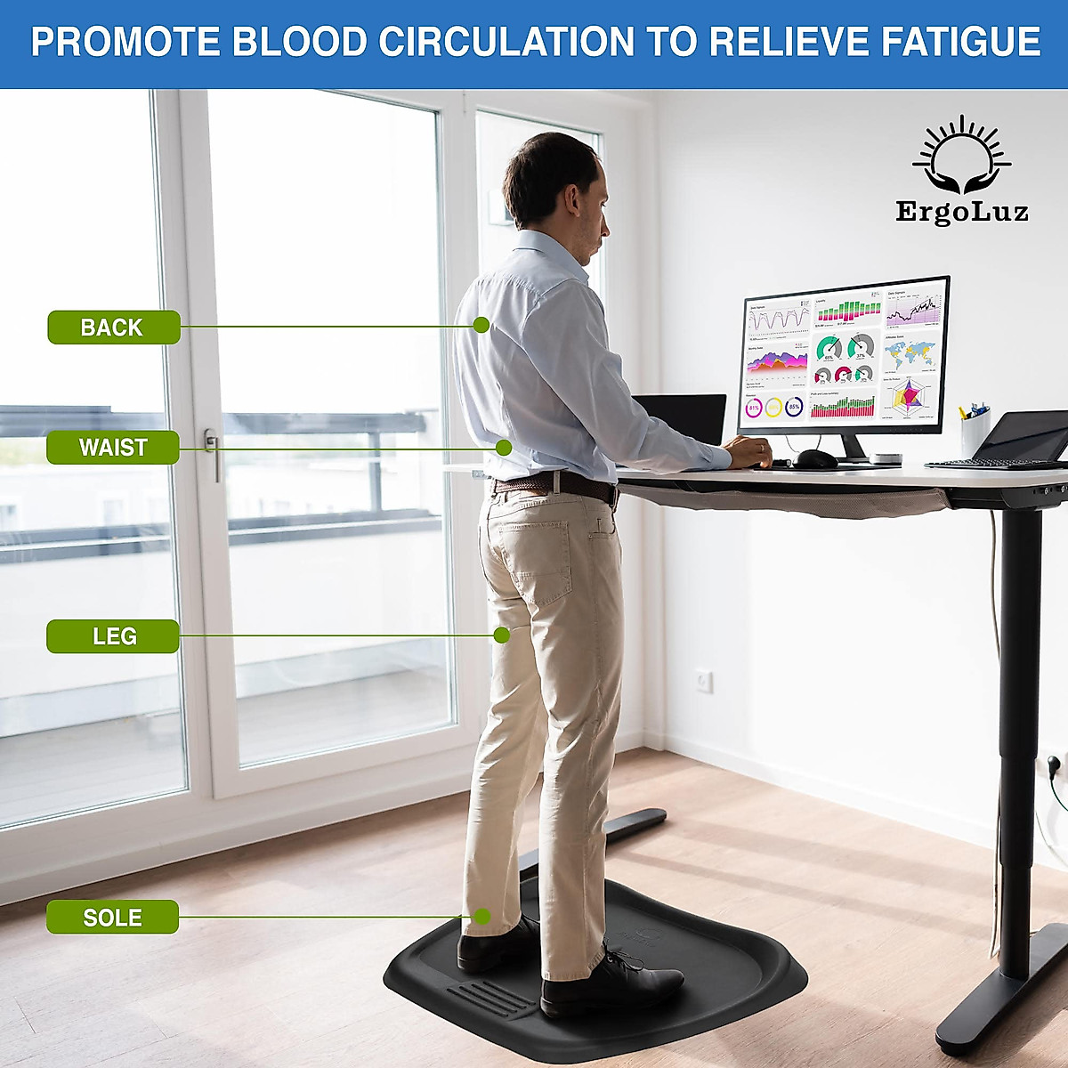 ErgoLuz Standing Desk Mat Anti Fatigue Kitchen Pad Cushioned and Comfort Floor Mats Padded Foot Foam for Office Solutions and Antifatigue Stand Up Cushion, Black