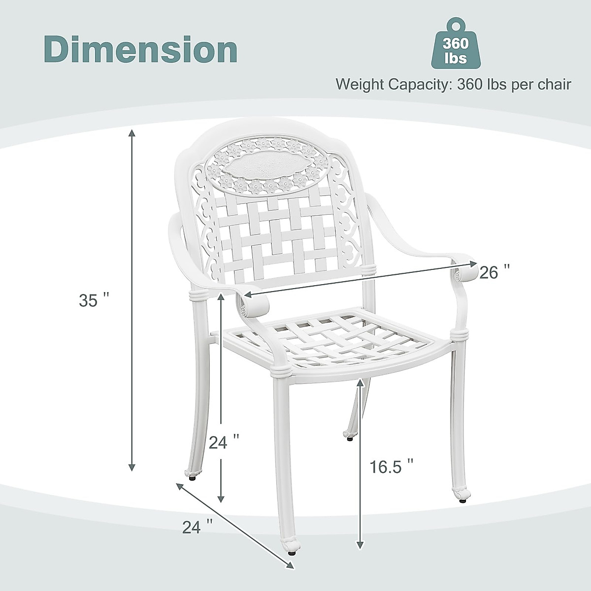 Giantex Stackable Outdoor Chairs Set of 2, All Weather Cast Aluminum Patio Chairs for Lawn Porch Garden Yard, Bistro Dining Chairs with Armrests, Adjustable Foot Pads, Easy Assembly (1, White)