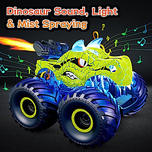 ScharkSpark Dinosaur Remote Control Car, 2.4GHz Monster Trucks for Boys Girls with Light, Sound & Spray, Dinosaur Toys Gift for Kids 3 4 5 6 7 8, All Terrain RC Cars for Toddlers with 2 Batteries