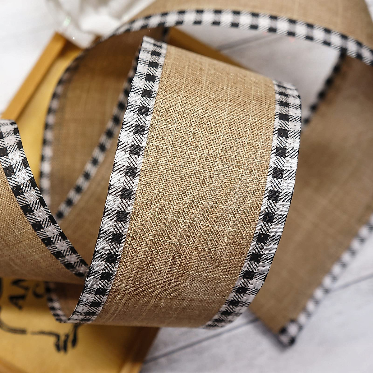 CT CRAFT LLC Burlap Plaid Buffalo Checkered Edge Wired Ribbon, 2.5" x 20 Yards x 1 Roll - Black with White, for Christmas, Home Decor, Gift Wrapping, Tree Topper Bow, Wreath, DIY Crafts