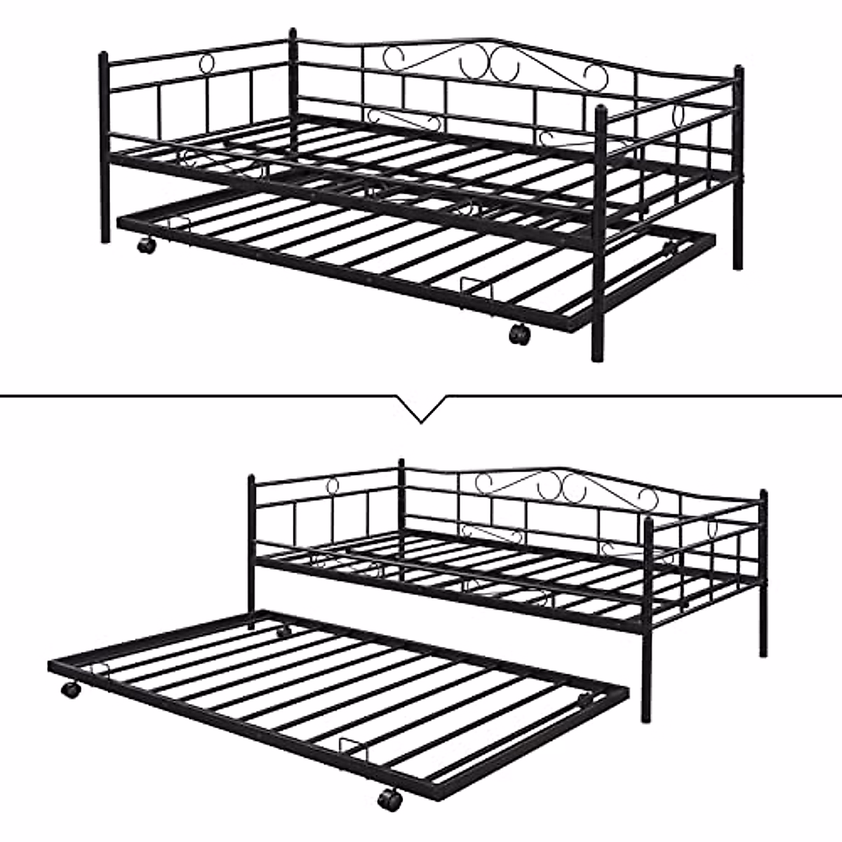 Lostcat Twin Size Daybed Bed with Trundle,Metal Bedframe with Safety Guardrails & Heavy Duty Steel Slat Support,for Kids Teens Adults.No Box Spring Needed (Black)