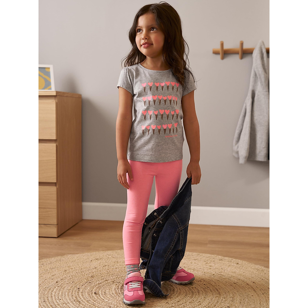 Simple Joys by Carter's Girls' Short-Sleeve Shirts and Tops, Pack of 3, Grey Hearts/Pink Dinosaur/White Text Print, 2T