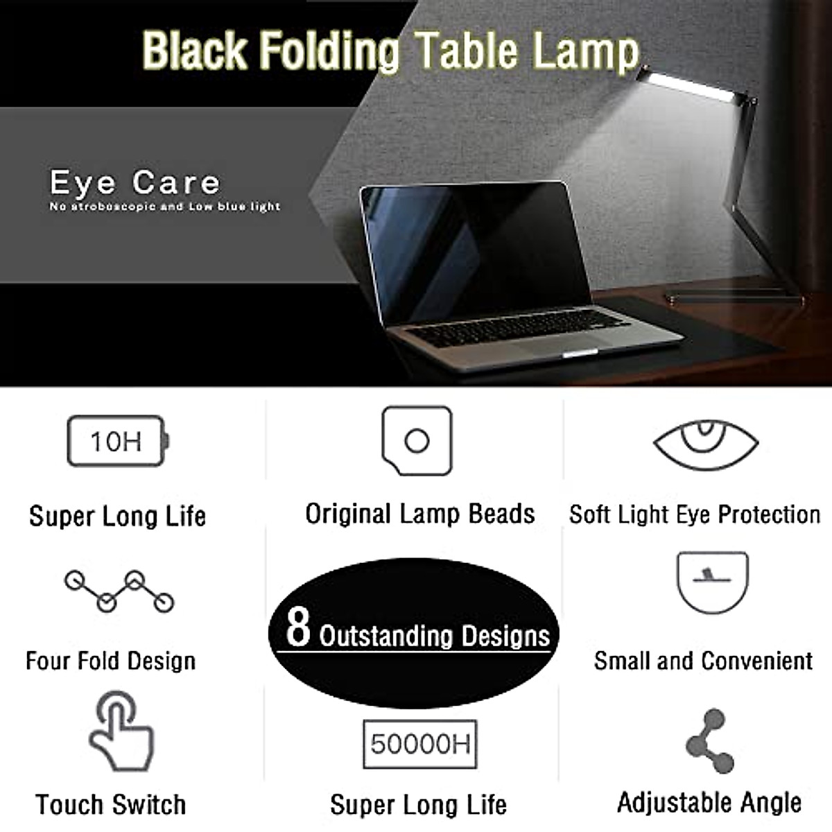 LEDHOLYT Foldable LED Desk Light, Slim Portable Rechargeable USB Table Light, Eye-Caring Aluminium Alloy Table Lamps,for Home, Reading, Studying, Work, Travel (Black)