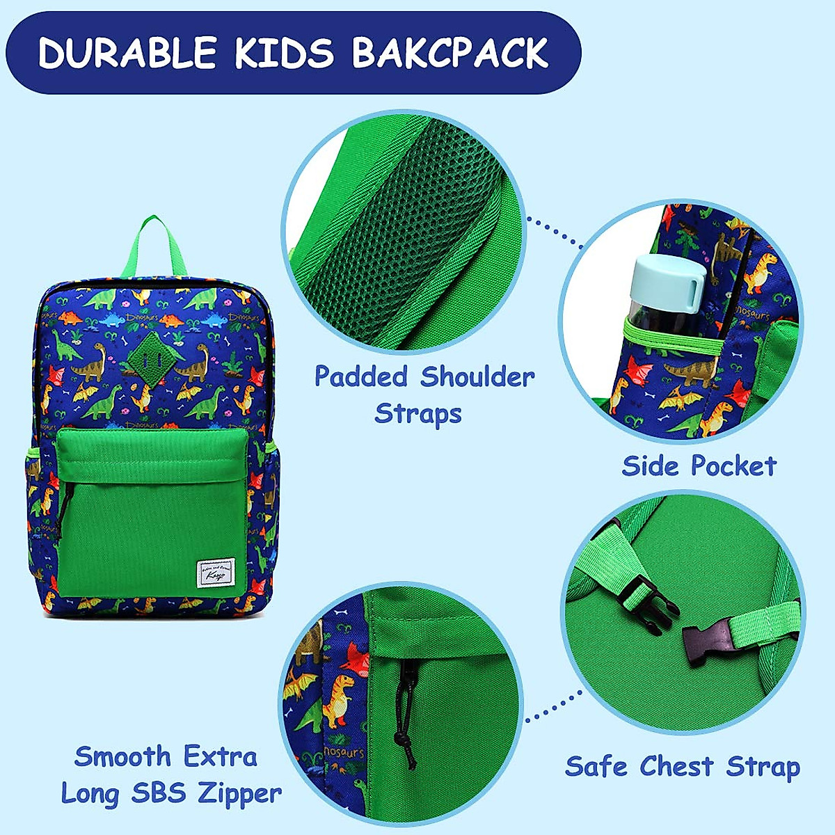 Kasqo Kids Backpack, Lightweight Water Resistant Preschool Rucksack for Little Boys and Girls with Water Bottle Pockets (Green)