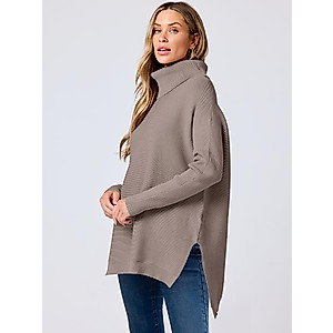 ANRABESS Women's Oversized Turtleneck Batwing Sleeve Spilt Casual Loose Knit Tunic Pullover Sweater Tops 2025 Fall Outfits Brown Small