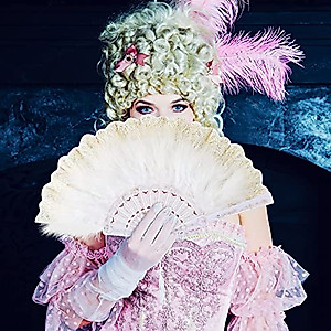 2 Pieces Feather Hand Fan Embroidered Flower Marabou Feather Fan 1920s Feather Fan Hand Fan Folding Hand Fan Drag Queen Fan for 20s Women Costume Party Dancing Photoshoot Wedding Decor (White, Black)