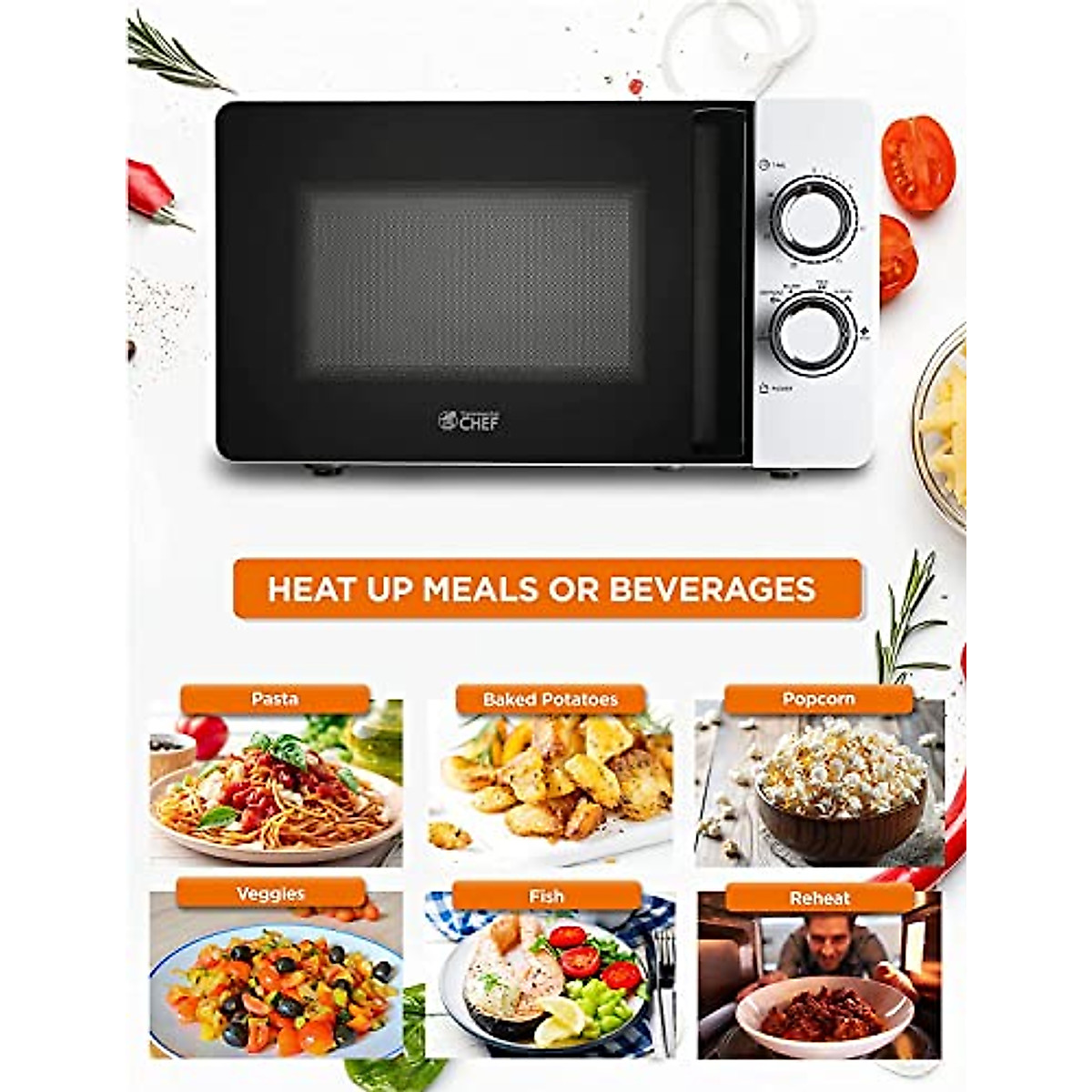 COMMERCIAL CHEF Small Microwave 0.7 Cu. Ft. Countertop Microwave with Mechanical Control, White Microwave with 6 Power Levels, Outstanding Portable Microwave with Convenient Pull Handle