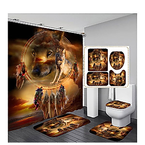 StarBlue-HGS Dream Catcher Wolf King Waterproof Shower Curtain Set Setting Sun Tribal Animal Wolf Bathroom Bathtub Mat Toilet Cover Mat Set