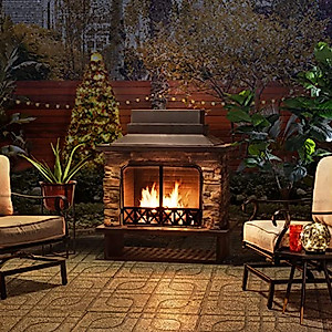 Sunjoy Outdoor Fireplace, Heavy Duty Patio Wood Burning Fireplace with Steel Chimney, Mesh Spark Screen Doors, Removable Grate and Fire Poker, Black