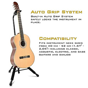 Lumintrail Hercules GS414B PLUS Single Guitar Stand, Auto Grip System, Instant Height Adjustment Clutch, Fits Guitar Neck Sizes 1.57” - 2.05”, with Hercules GSB001 Carrying Bag with a Cleaning Cloth