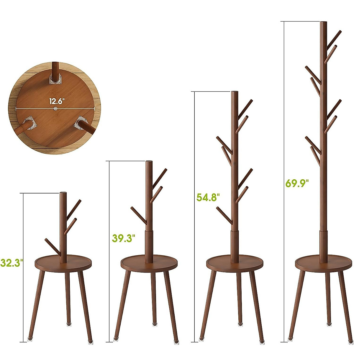 Vriccc Coat Rack Freestanding, Bamboo Coat Stand with Disc, Adjustable Height Wooden Coat Tree with 8 Hooks, kids coat rack, Used In The Bedroom Living Room, Office To Hang Clothes, Hats, Bags